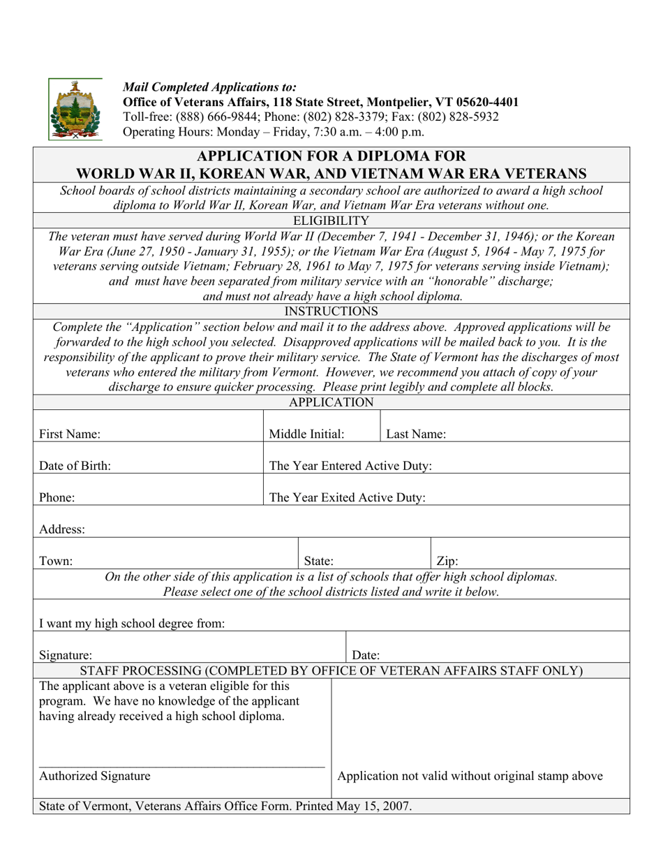 Vermont Application for a Diploma for World War II, Korean War, and ...