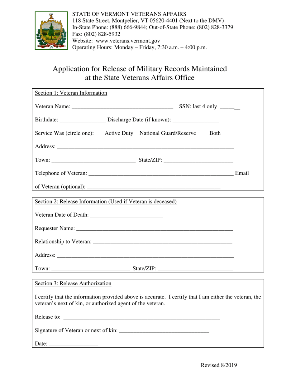 Vermont Application for Release of Military Records Maintained at the ...