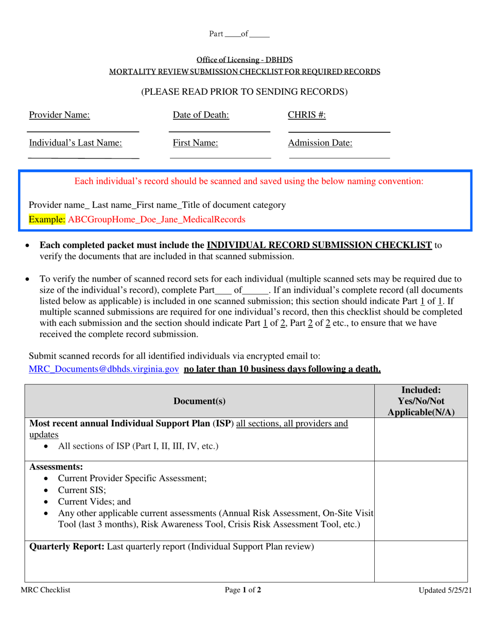 Virginia Mortality Review Submission Checklist for Required Records ...