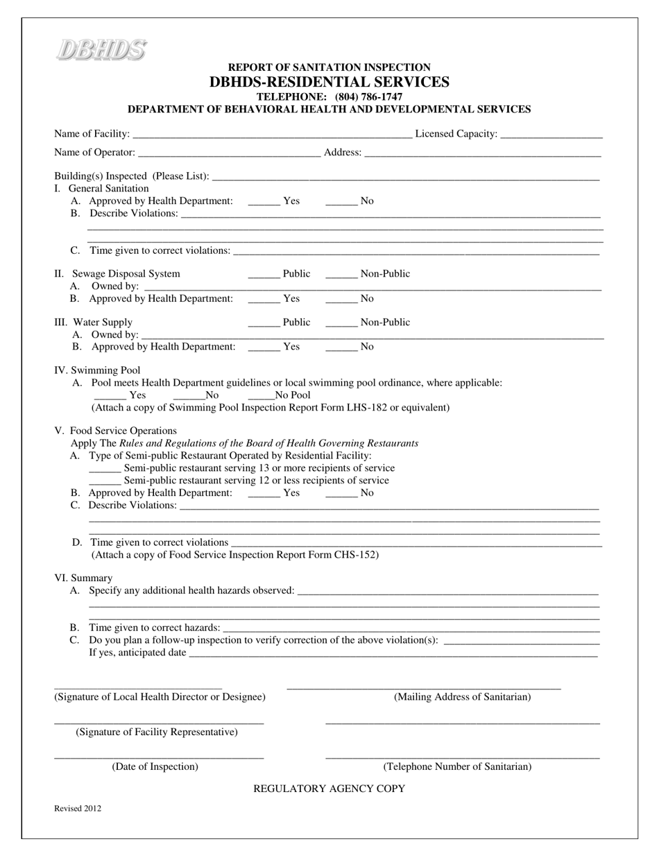 Virginia Report of Sanitation Inspection Dbhds-Residential Services ...