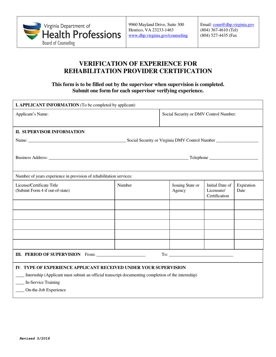 Virginia Verification of Experience for Rehabilitation Provider ...
