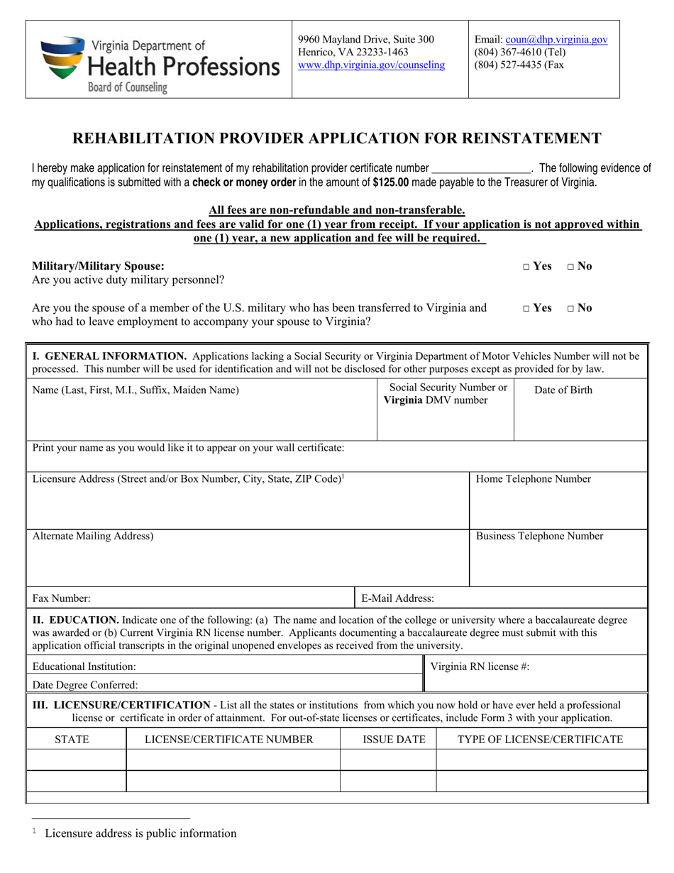 Virginia Rehabilitation Provider Application for Reinstatement - Fill ...