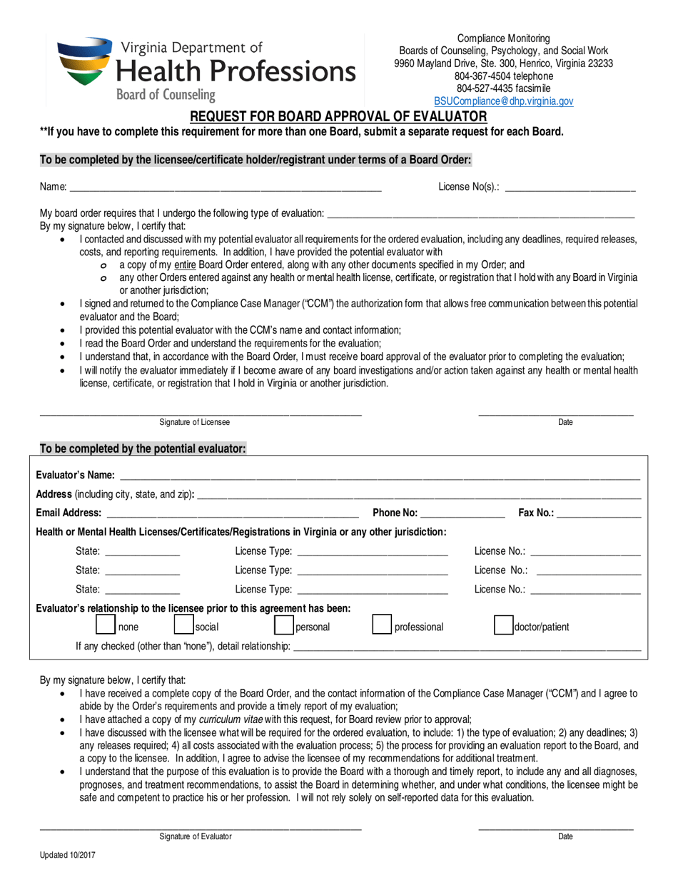 Virginia Request for Board Approval of Evaluator - Fill Out, Sign ...