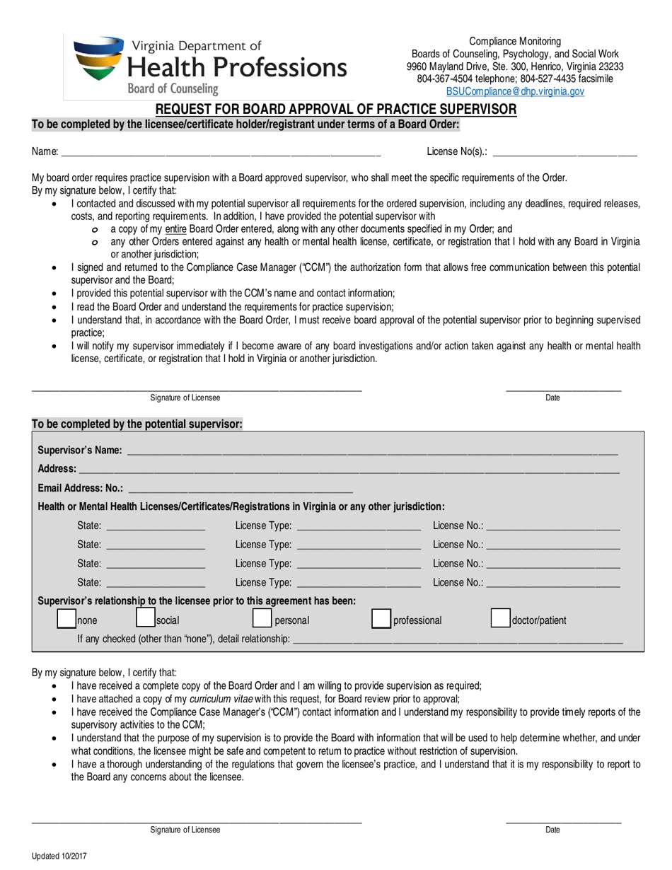 Virginia Request for Board Approval of Practice Supervisor - Fill Out ...