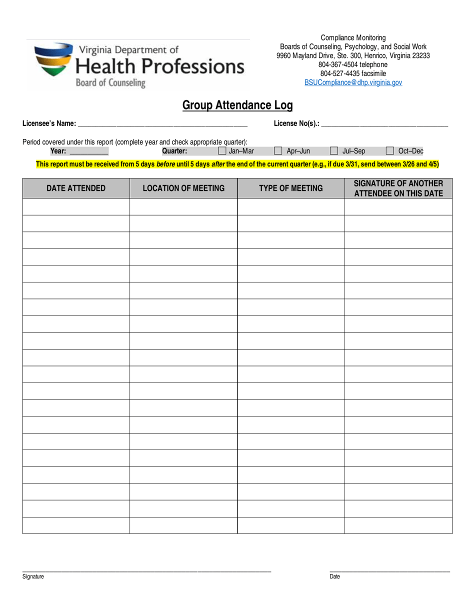 Virginia Group Attendance Log - Fill Out, Sign Online and Download PDF ...