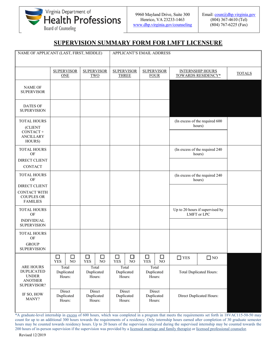 Virginia Supervision Summary Form for Lmft Licensure - Fill Out, Sign ...