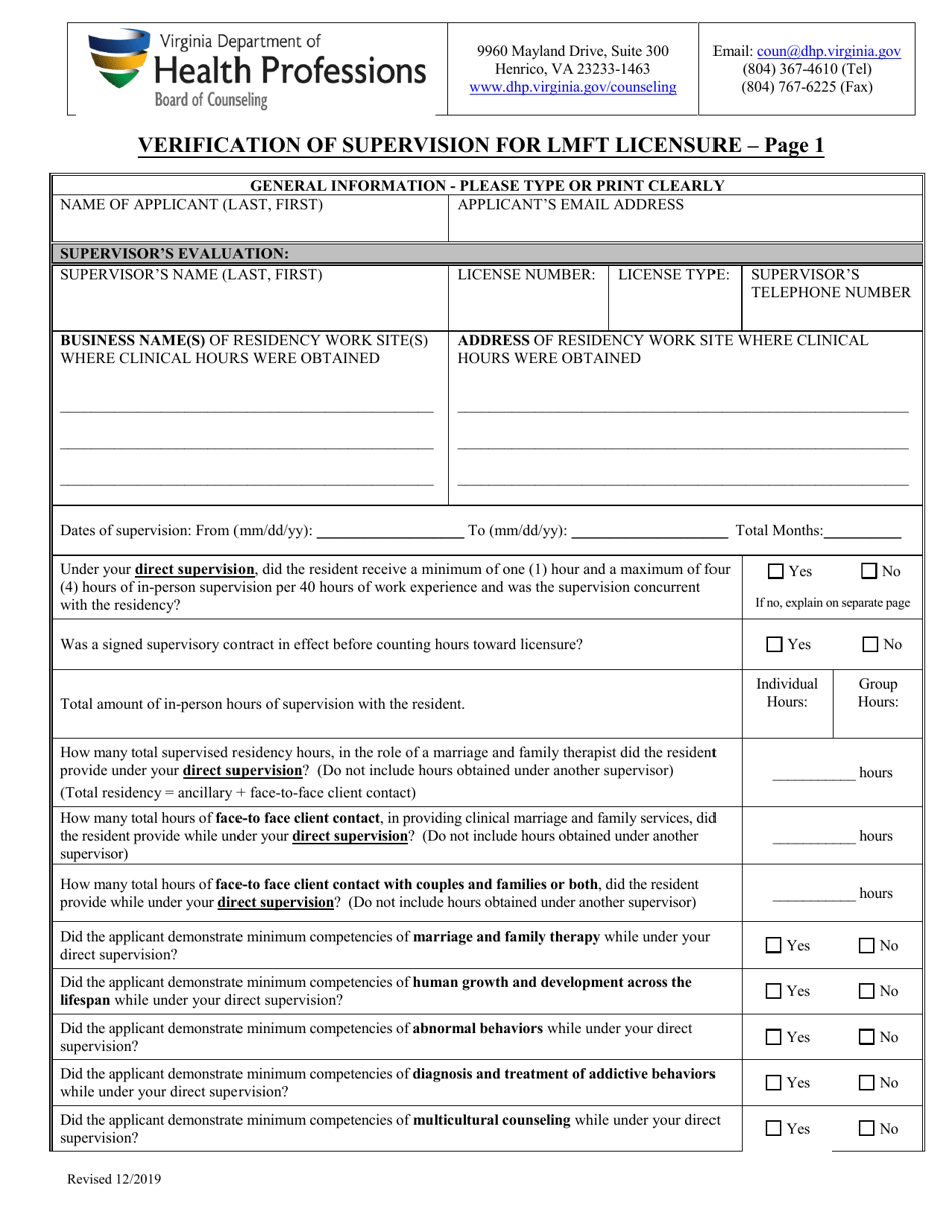 Virginia Verification of Supervision for Lmft Licensure - Fill Out ...