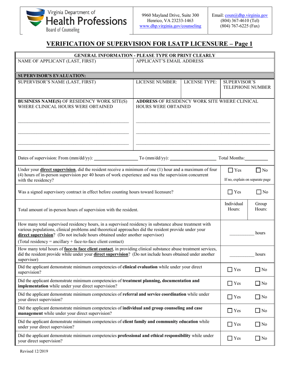 Virginia Verification of Supervision for Lsatp Licensure - Fill Out ...
