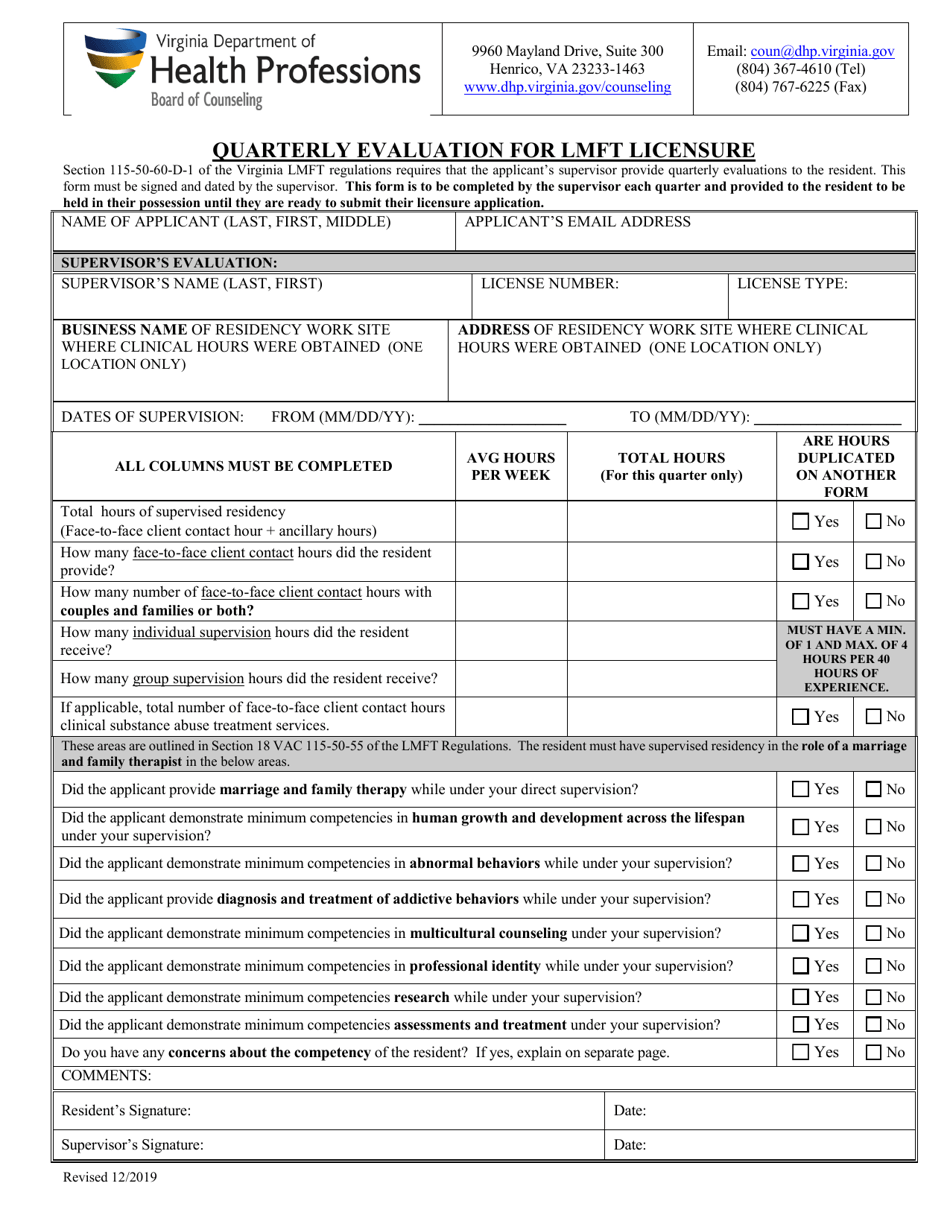 Virginia Quarterly Evaluation for Lmft Licensure - Fill Out, Sign ...