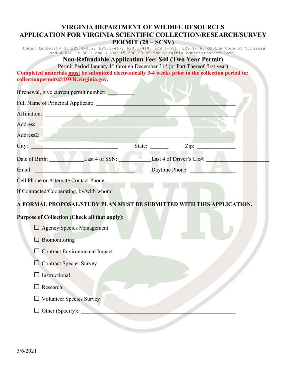 Virginia Application for Virginia Scientific Collection/Research/Survey ...