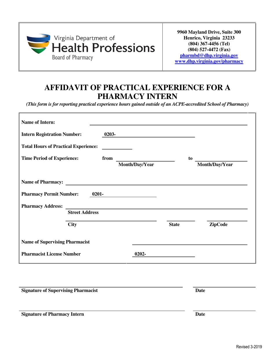 Virginia Affidavit of Practical Experience for a Pharmacy Intern - Fill ...