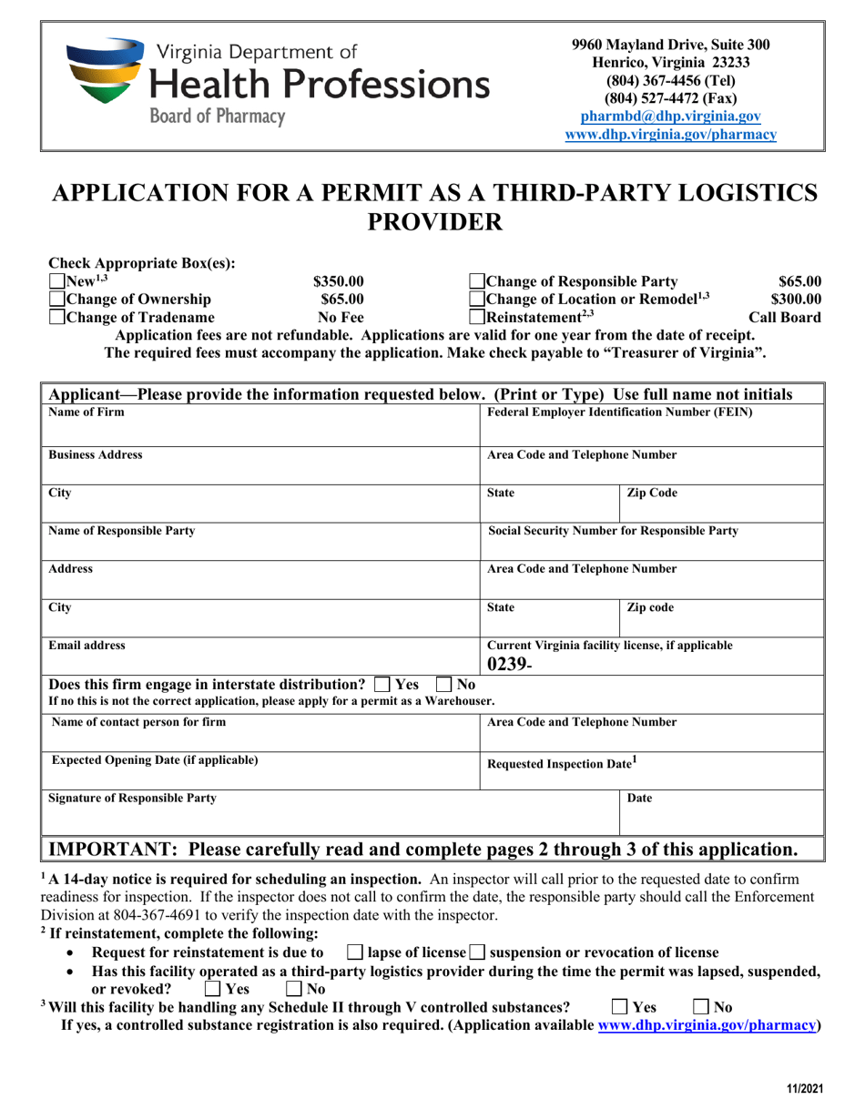 Virginia Application for a Permit as a Third-Party Logistics Provider ...