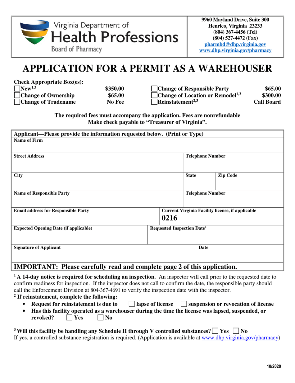 Virginia Application for a Permit as a Warehouser - Fill Out, Sign ...