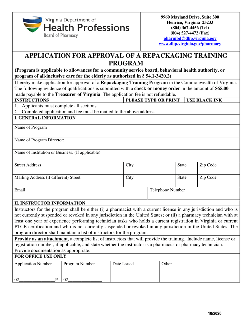 Virginia Application for Approval of a Repackaging Training Program ...