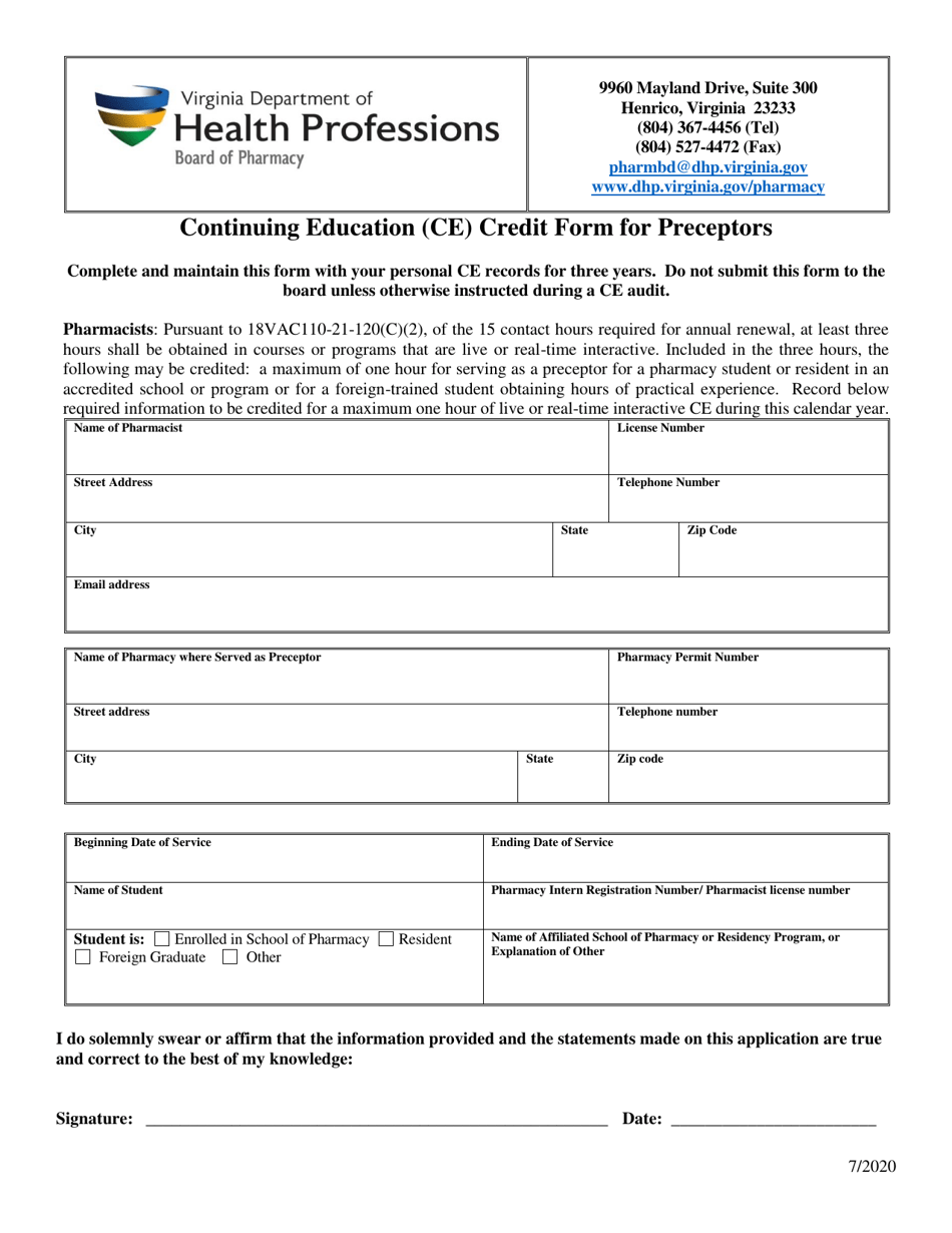 Virginia Continuing Education (Ce) Credit Form for Preceptors - Fill ...