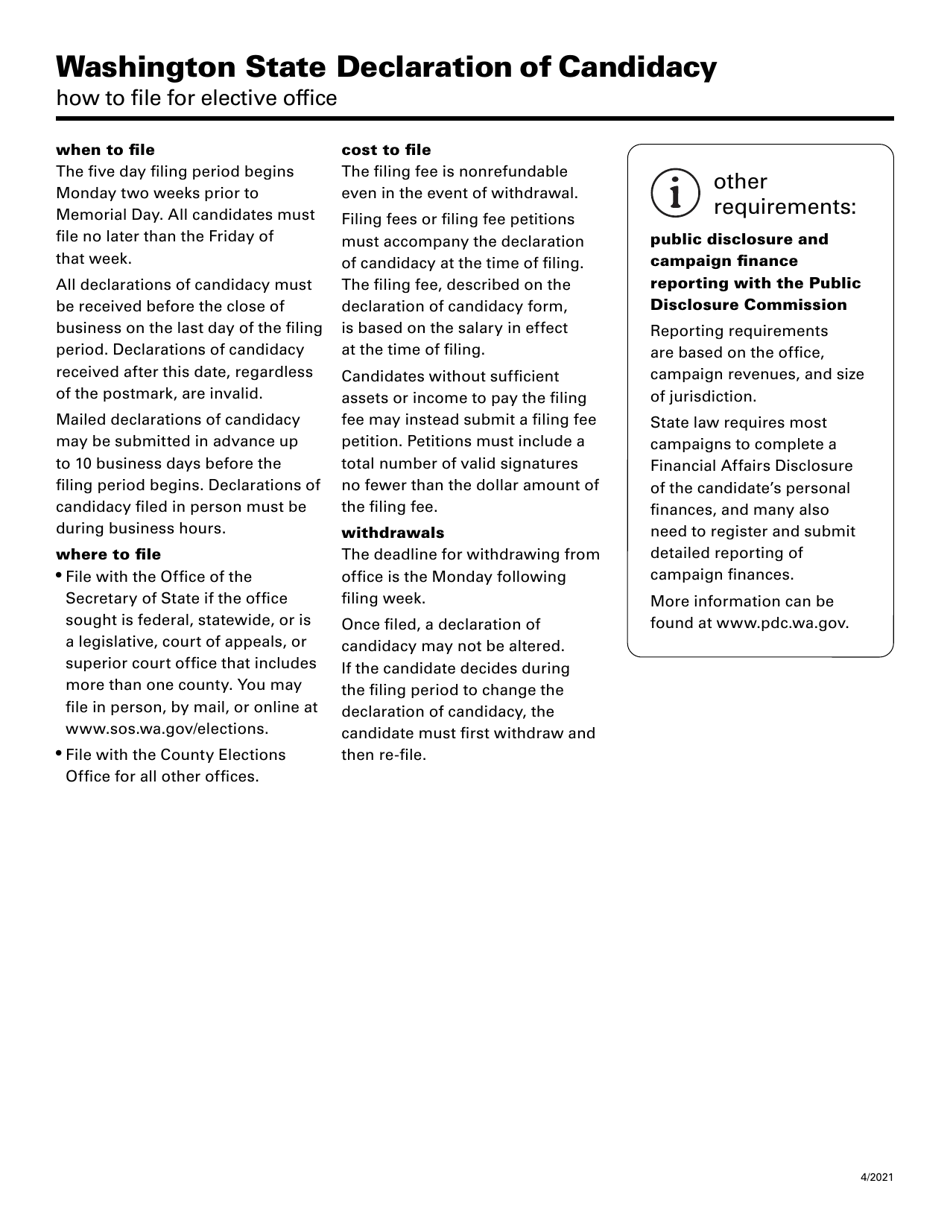 Washington Washington State Declaration of Candidacy - Fill Out, Sign ...