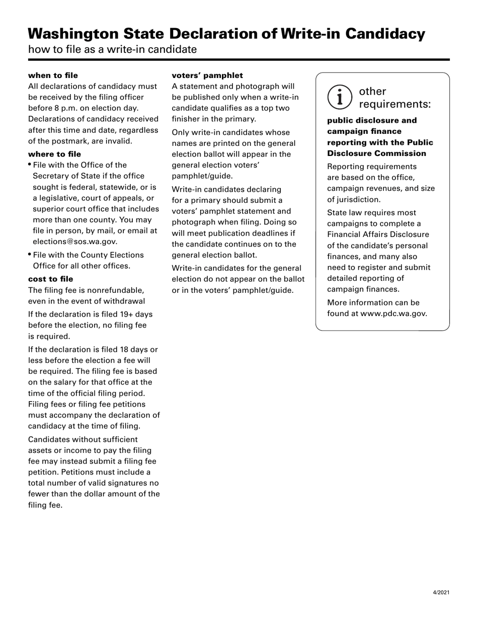 Washington Washington State Declaration of Write-In Candidacy - Fill ...