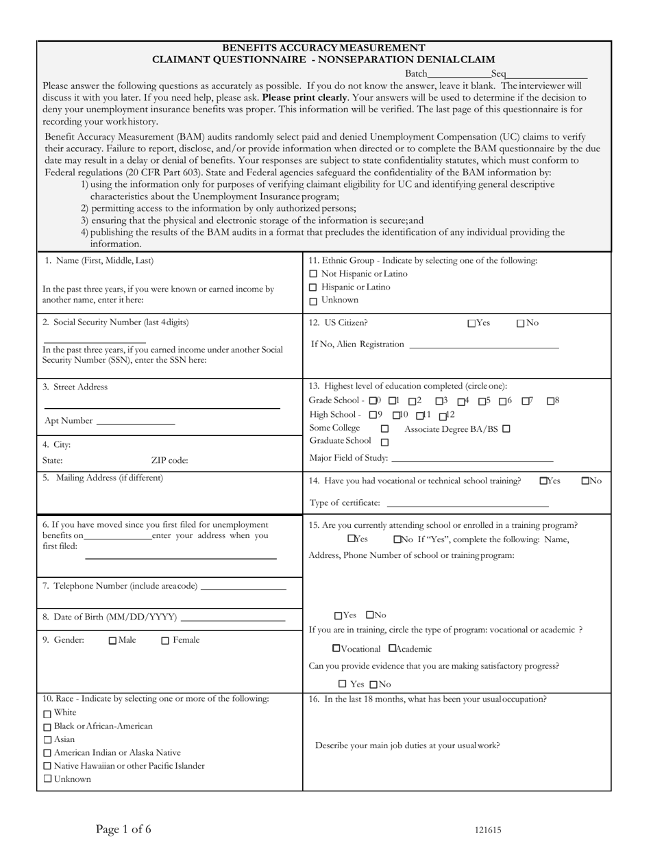 Washington, D.C. Benefits Accuracy Measurement Claimant Questionnaire ...