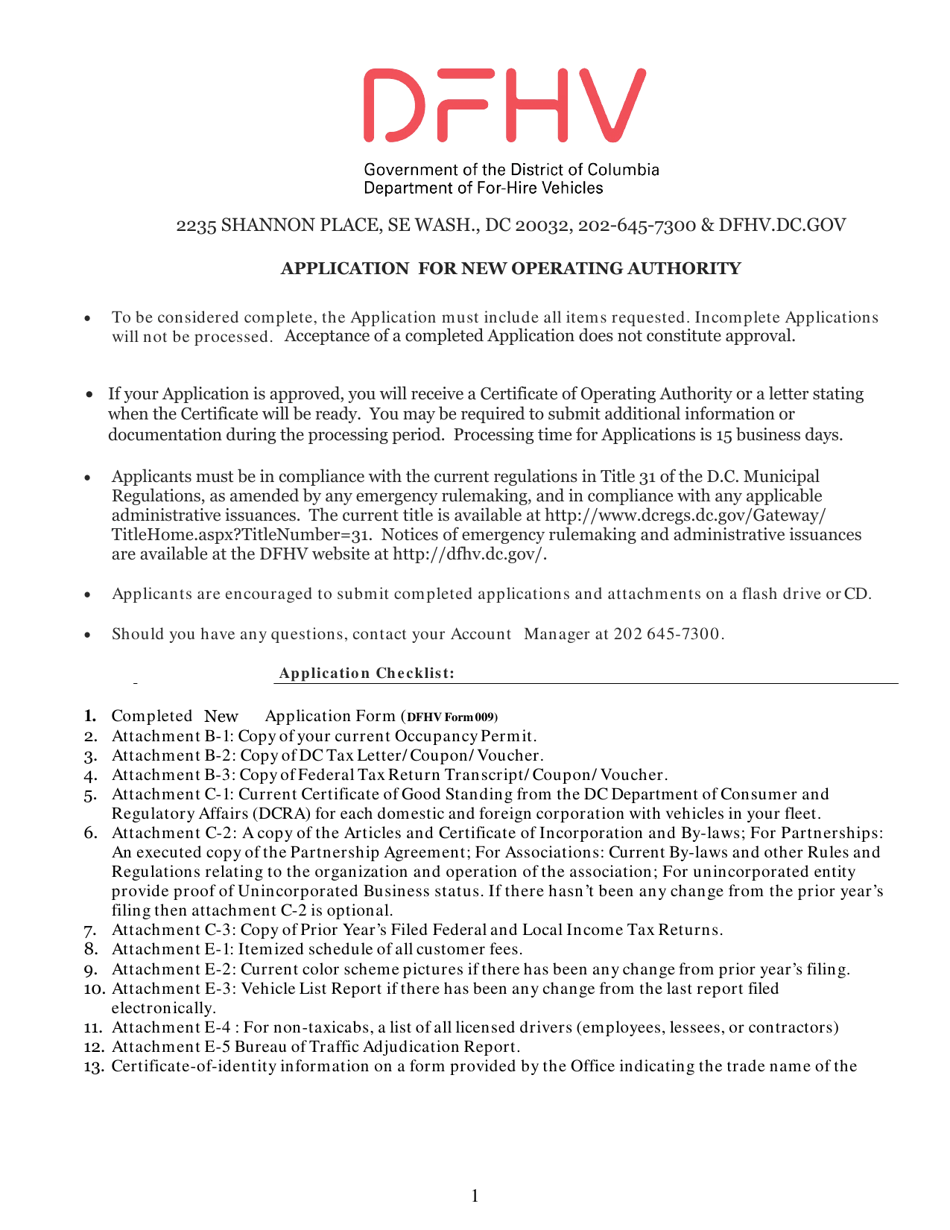 Washington, D.C. Application for New Operating Authority Download ...