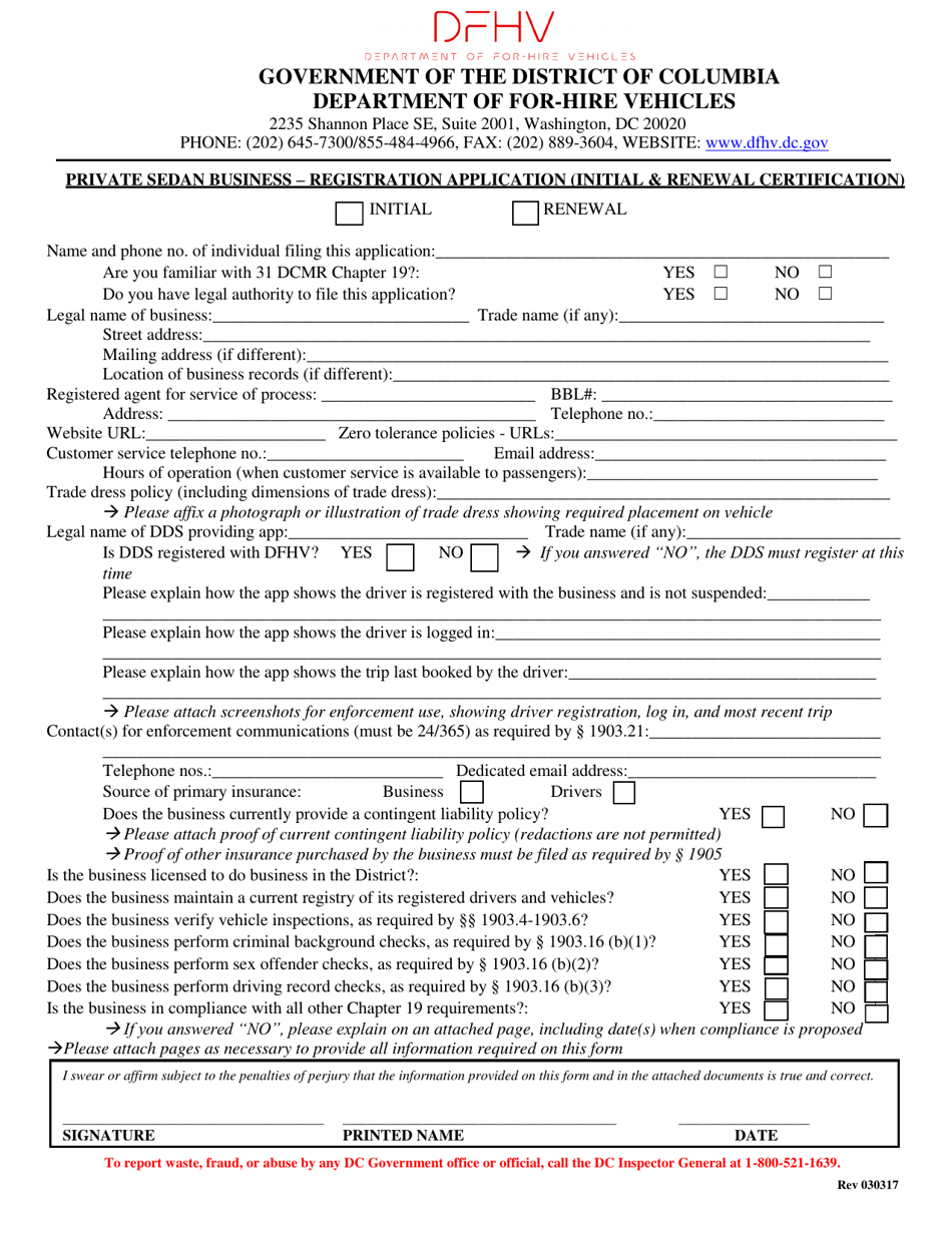 Washington, D.C. Private Sedan Business - Registration Application ...