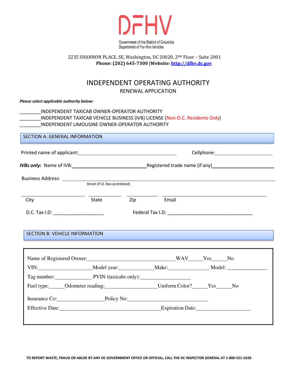 Washington, D.C. Independent Operating Authority Renewal Application ...