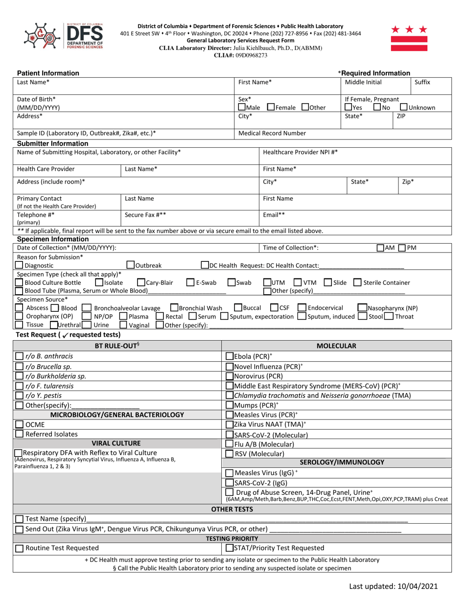 Washington, D.C. General Laboratory Services Request Form - Fill Out ...