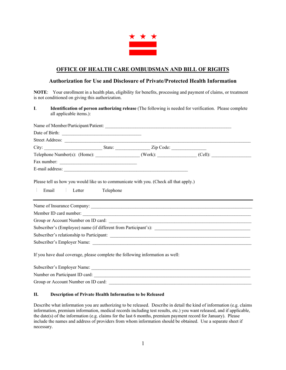 Washington, D.C. Authorization for Use and Disclosure of Private ...