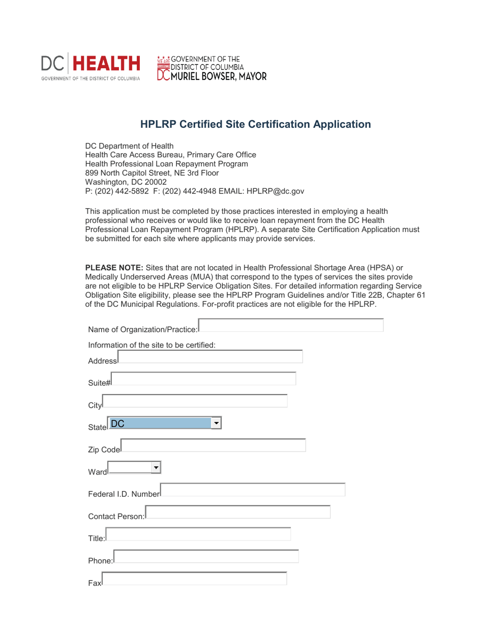 Washington, D.C. Hplrp Certified Site Certification Application ...