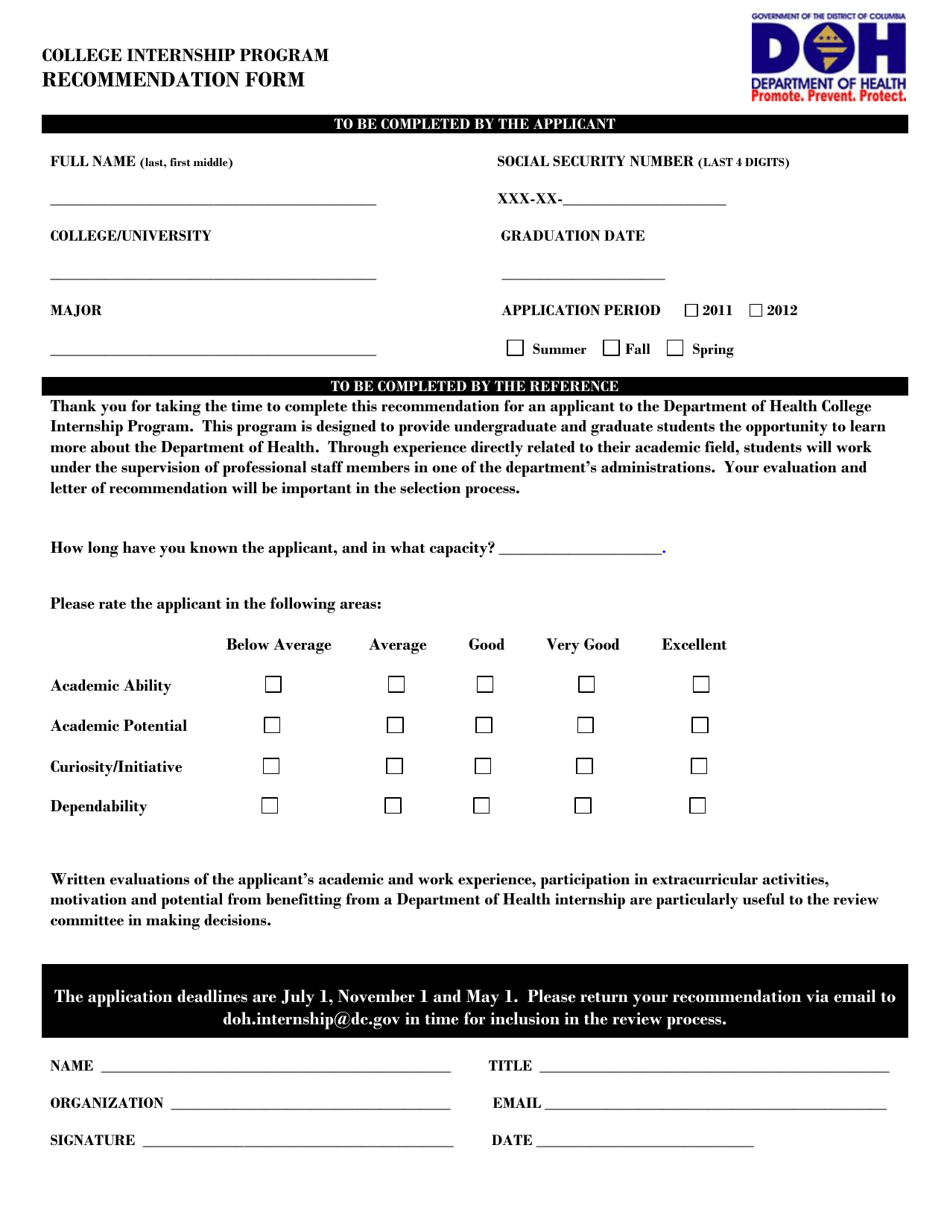 Washington, D.C. Recommendation Form - College Internship Program ...
