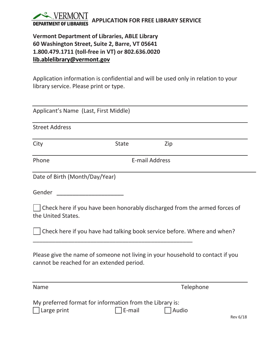 Vermont Application for Free Library Service - Fill Out, Sign Online and Download PDF ...