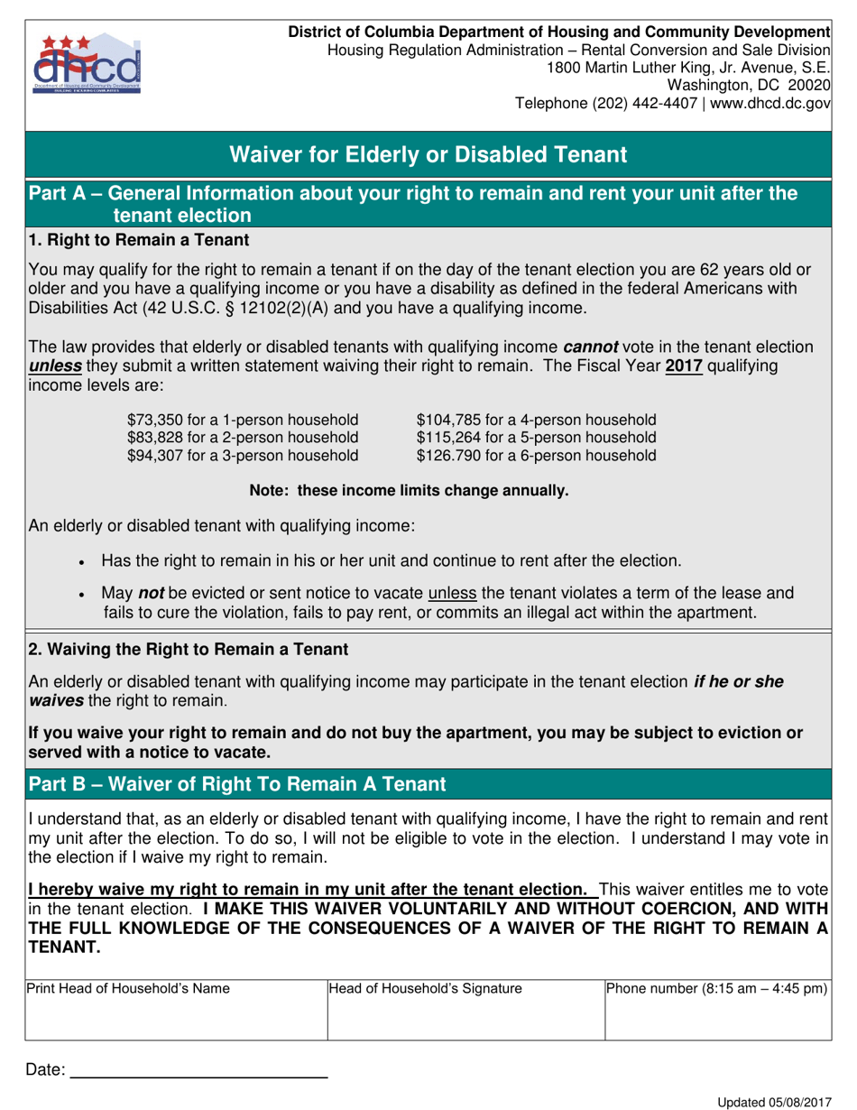 Washington, D.C. Waiver for Elderly or Disabled Tenant - Fill Out, Sign ...