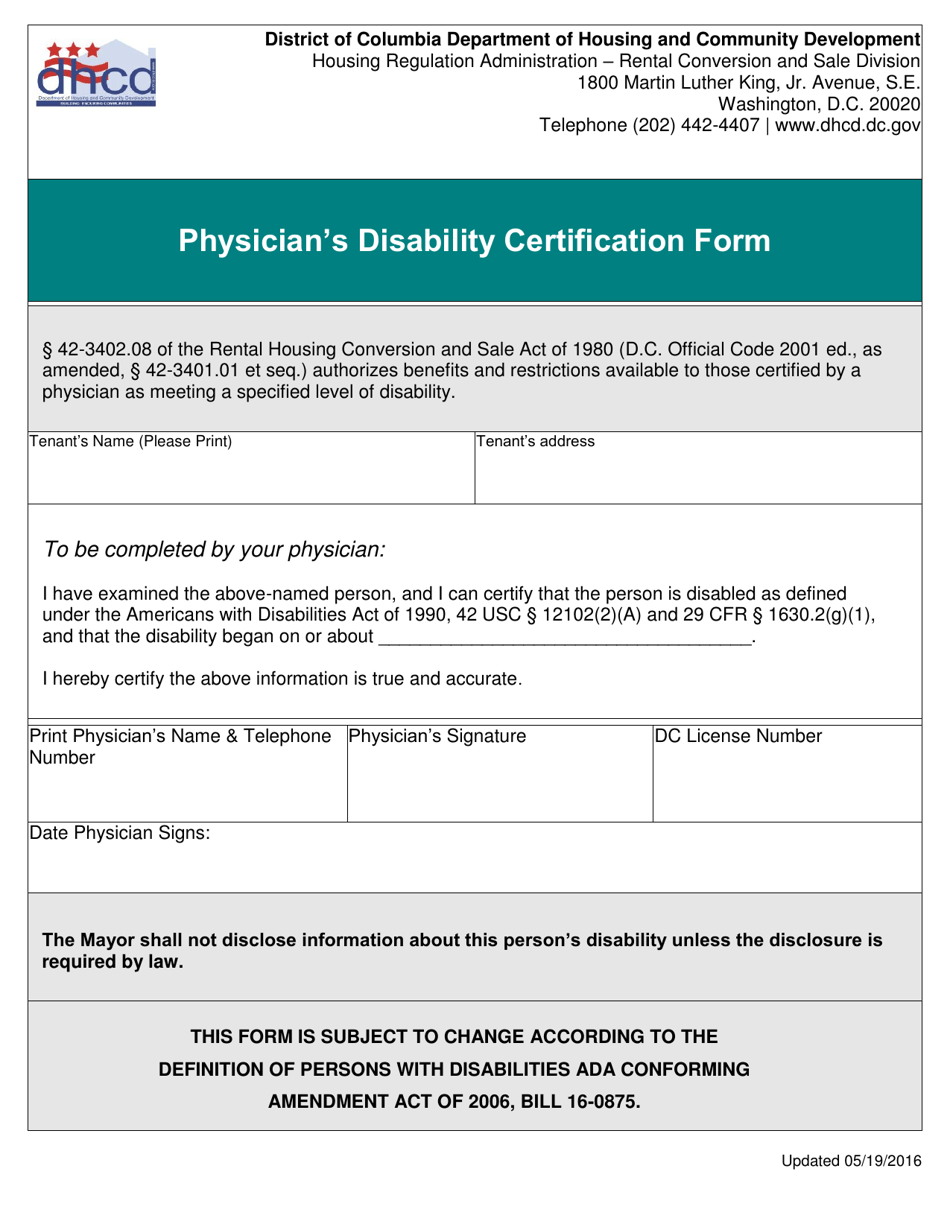 Washington, D.C. Physician's Disability Certification Form - Fill Out ...