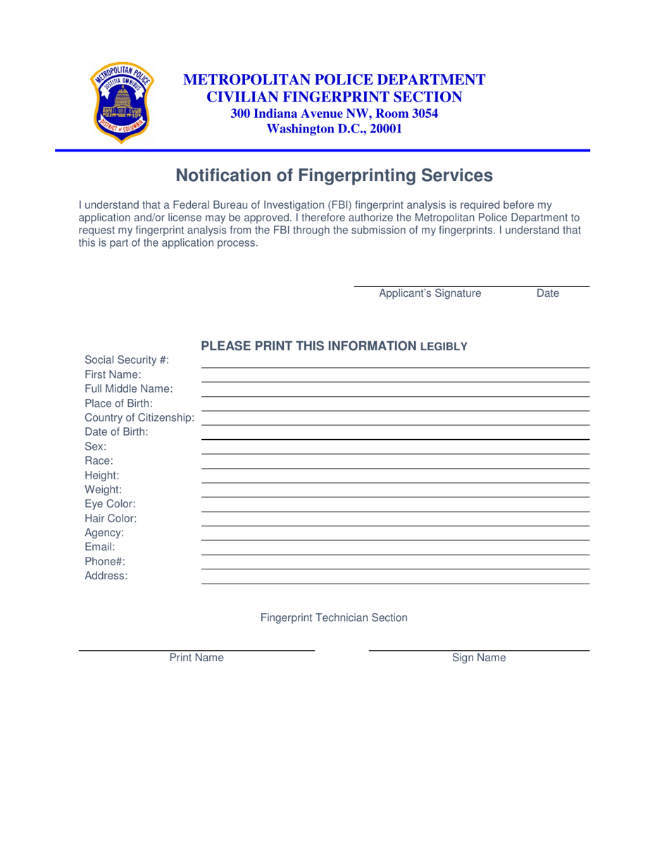 Washington, D.C. Notification of Fingerprinting Services - Fill Out ...