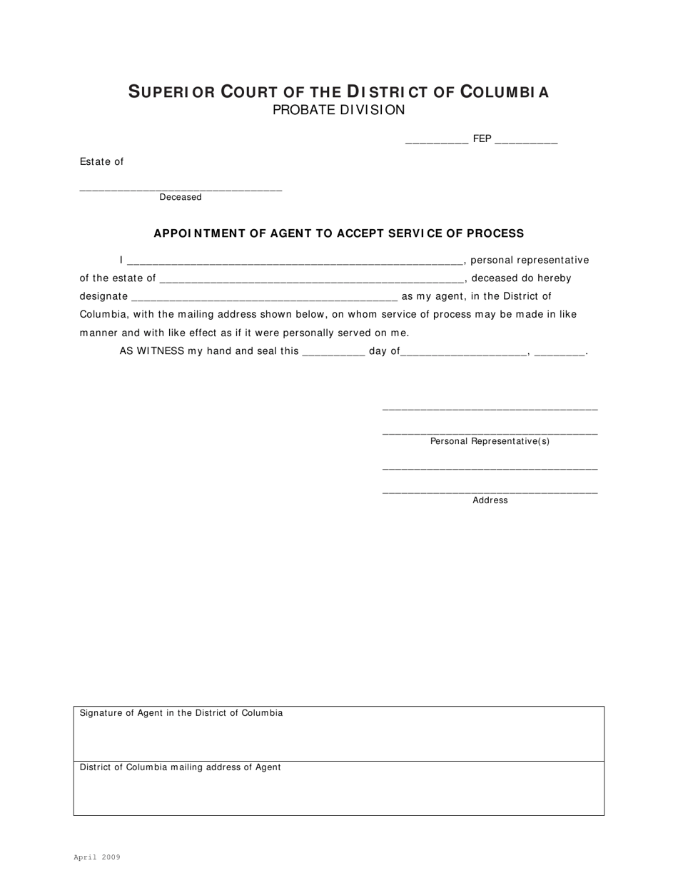 Washington, D.C. Appointment of Agent to Accept Service of Process ...