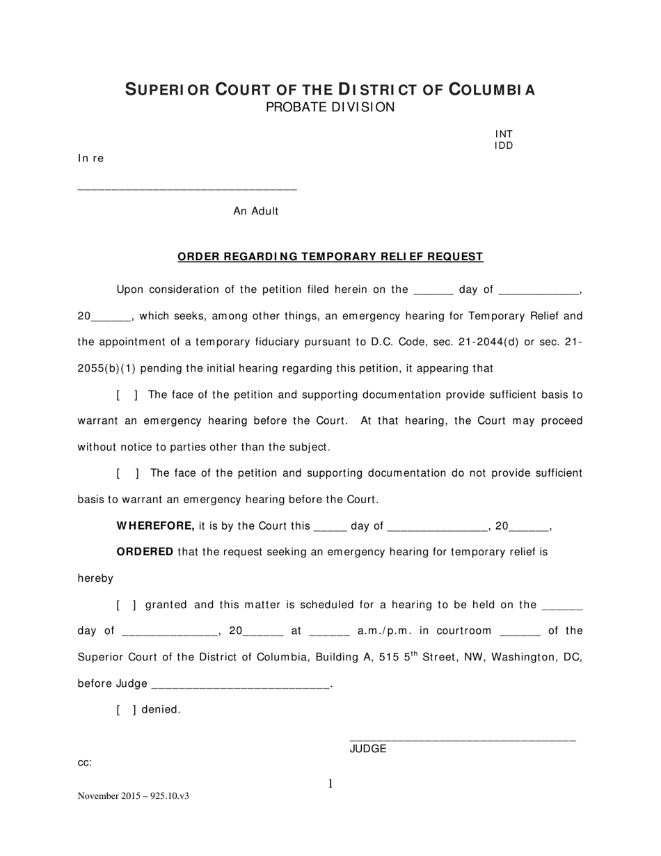 Washington, D.C. Order Regarding Temporary Relief Request - Fill Out, Sign Online and Download ...