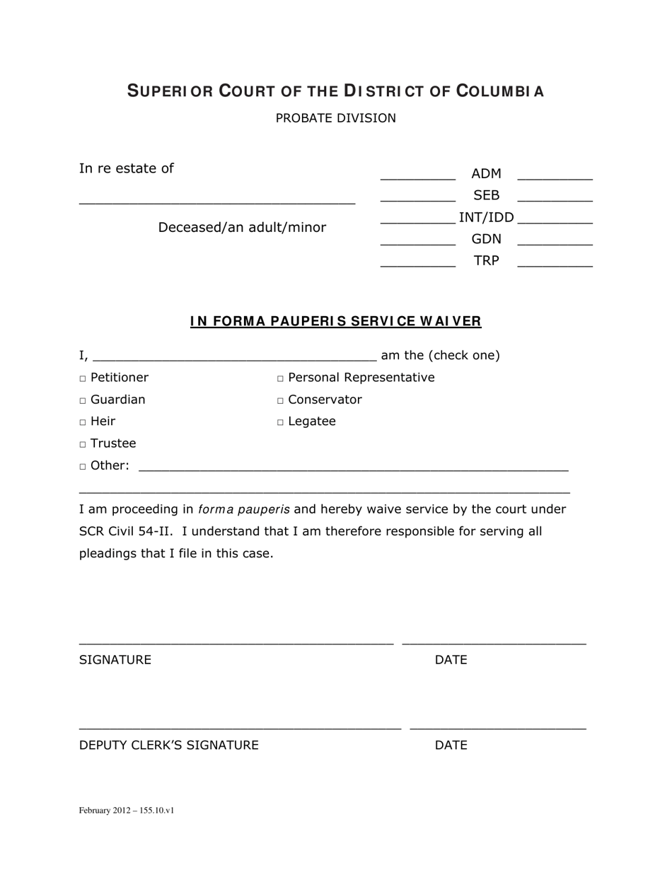 Washington, D.C. In Forma Pauperis Service Waiver - Fill Out, Sign ...