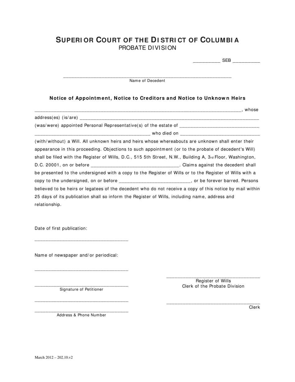 Washington, D.C. Notice of Appointment, Notice to Creditors and Notice ...