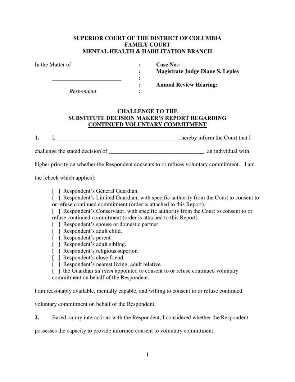 Washington, D.C. Challenge to the Substitute Decision Maker's Report ...