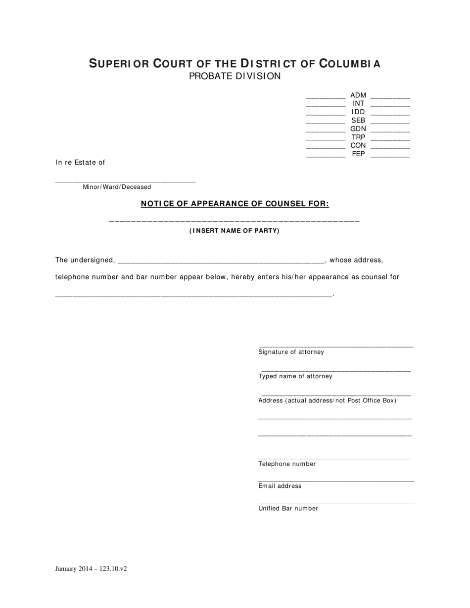 Washington, D.C. Notice of Appearance of Counsel Download Fillable PDF ...