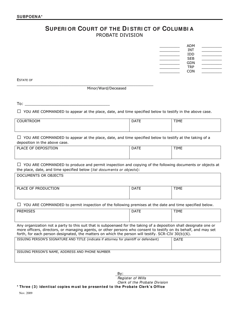 Washington, D.C. Subpoena - Fill Out, Sign Online and Download PDF ...