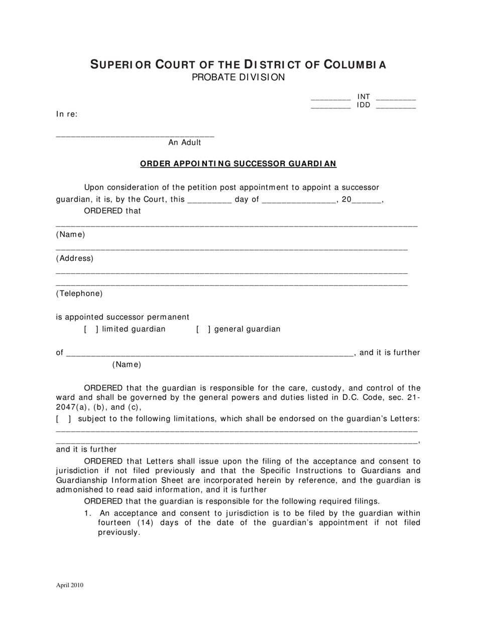 Washington, D.C. Order Appointing Successor Guardian - Fill Out, Sign ...