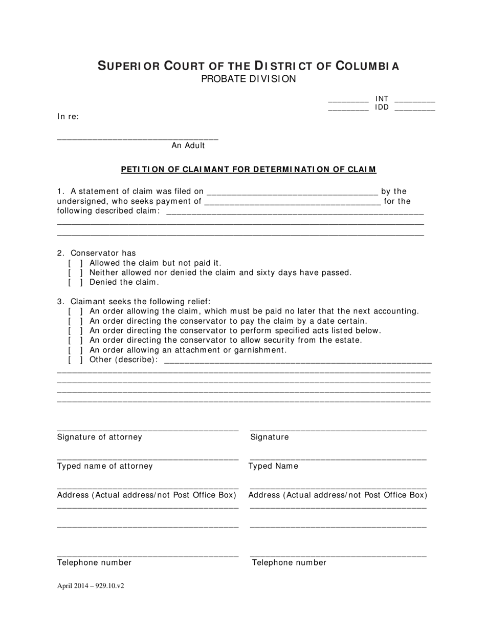 Washington, D.C. Petition of Claimant for Determination of Claim and Order - Fill Out, Sign ...
