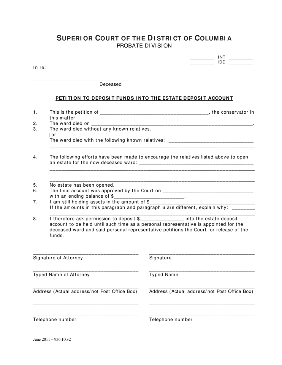 Washington, D.C. Petition to Deposit Funds Into the Estate Deposit ... Washington, D.C. Petition to Deposit Funds Into the Estate Deposit ...