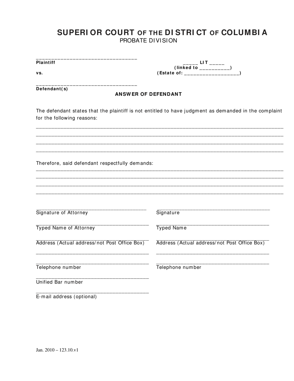 Washington, D.C. Answer of Defendant (Lit) - Fill Out, Sign Online and ...