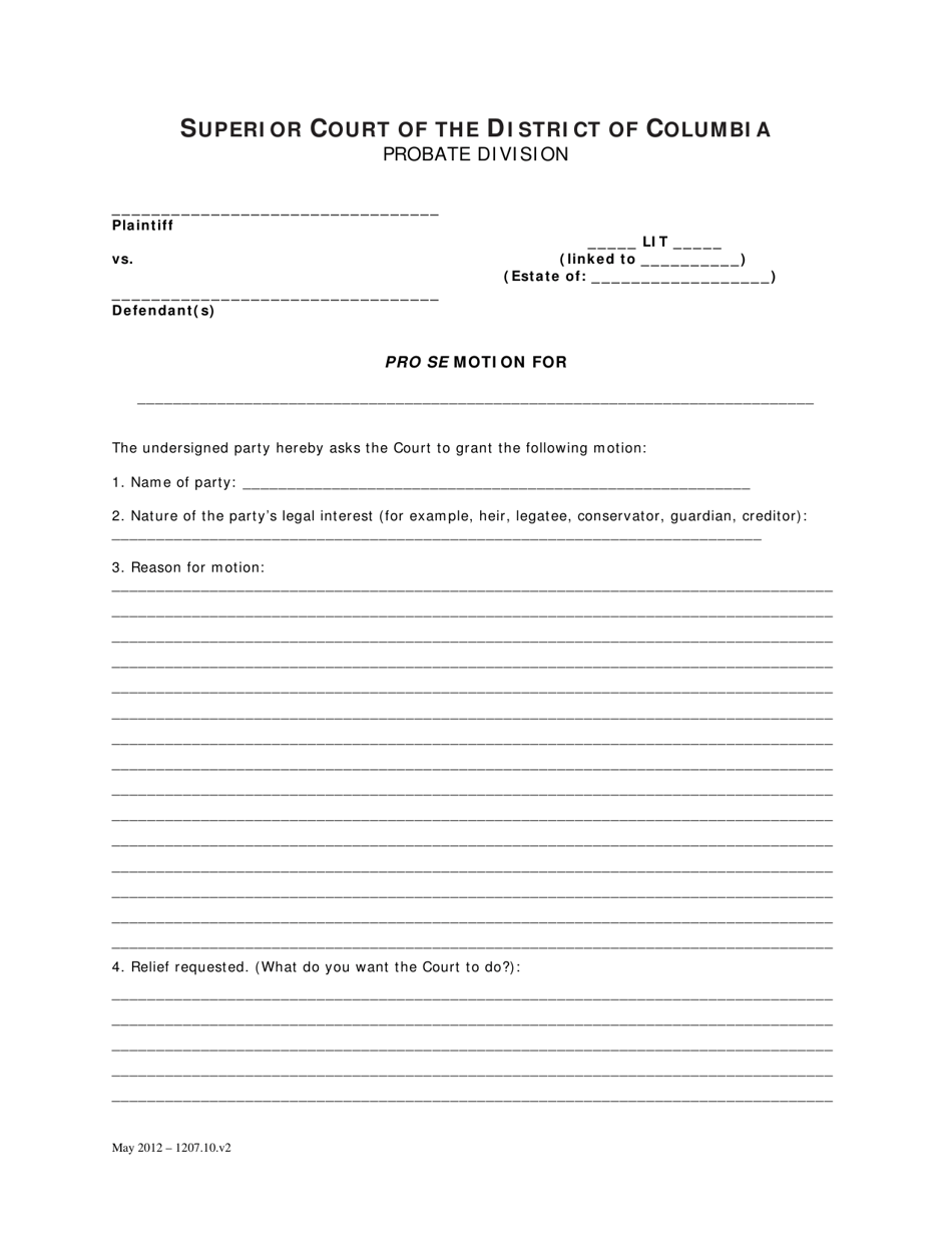 Washington, D.C. Pro Se Motion and Order (Lit) - Fill Out, Sign Online ...