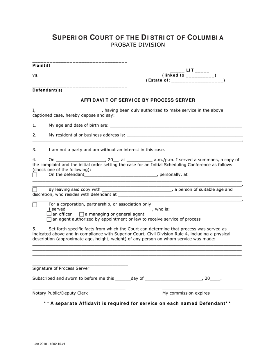 Washington, D.C. Affidavit of Service by Process Server - Fill Out ...