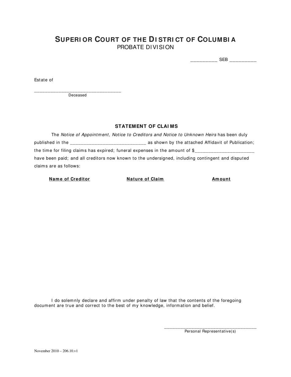 Washington, D.C. Statement of Claims - Fill Out, Sign Online and ...