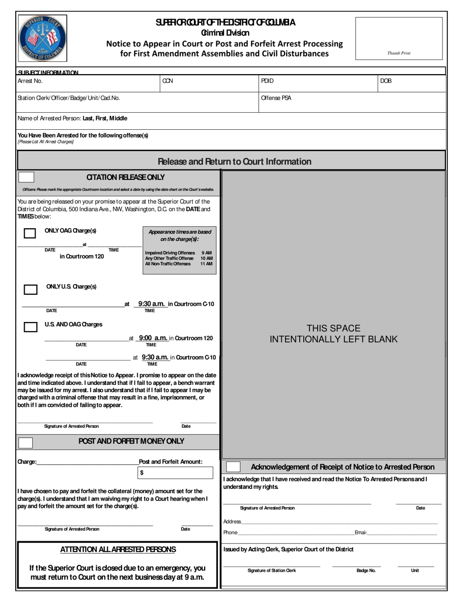 Washington, D.C. Notice to Appear in Court or Post and Forfeit Arrest ...