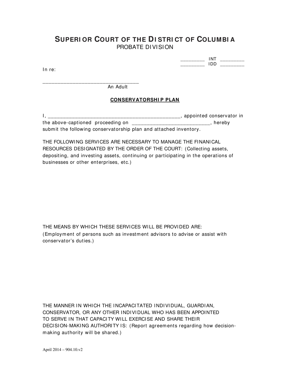 Washington, D.C. Conservatorship Plan - Fill Out, Sign Online and ...