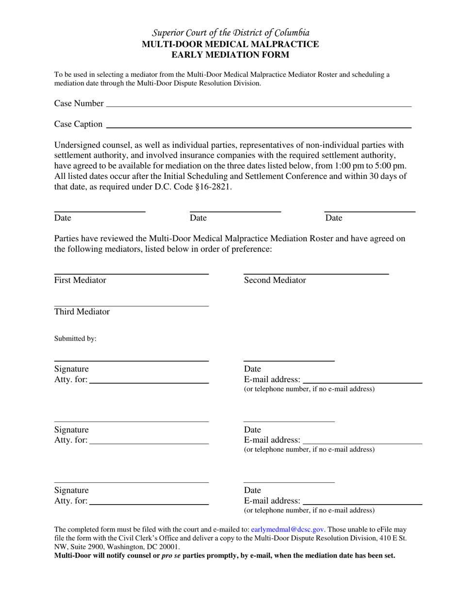 Washington, D.C. Multi-Door Medical Malpractice Early Mediation Form ...